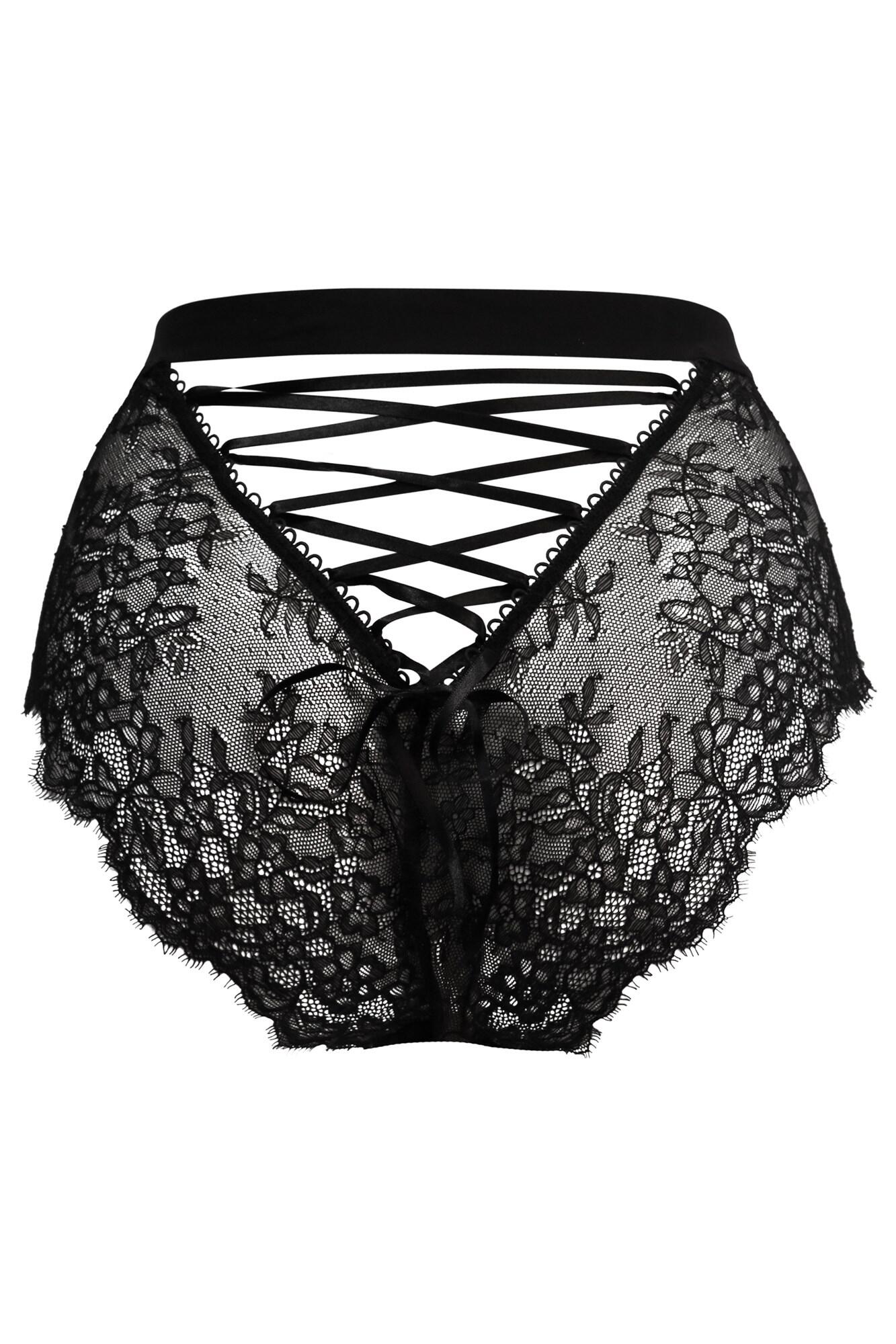 Dark Romance Deep Lace Up Brief in Black/Pink | Pour Moi Clothing