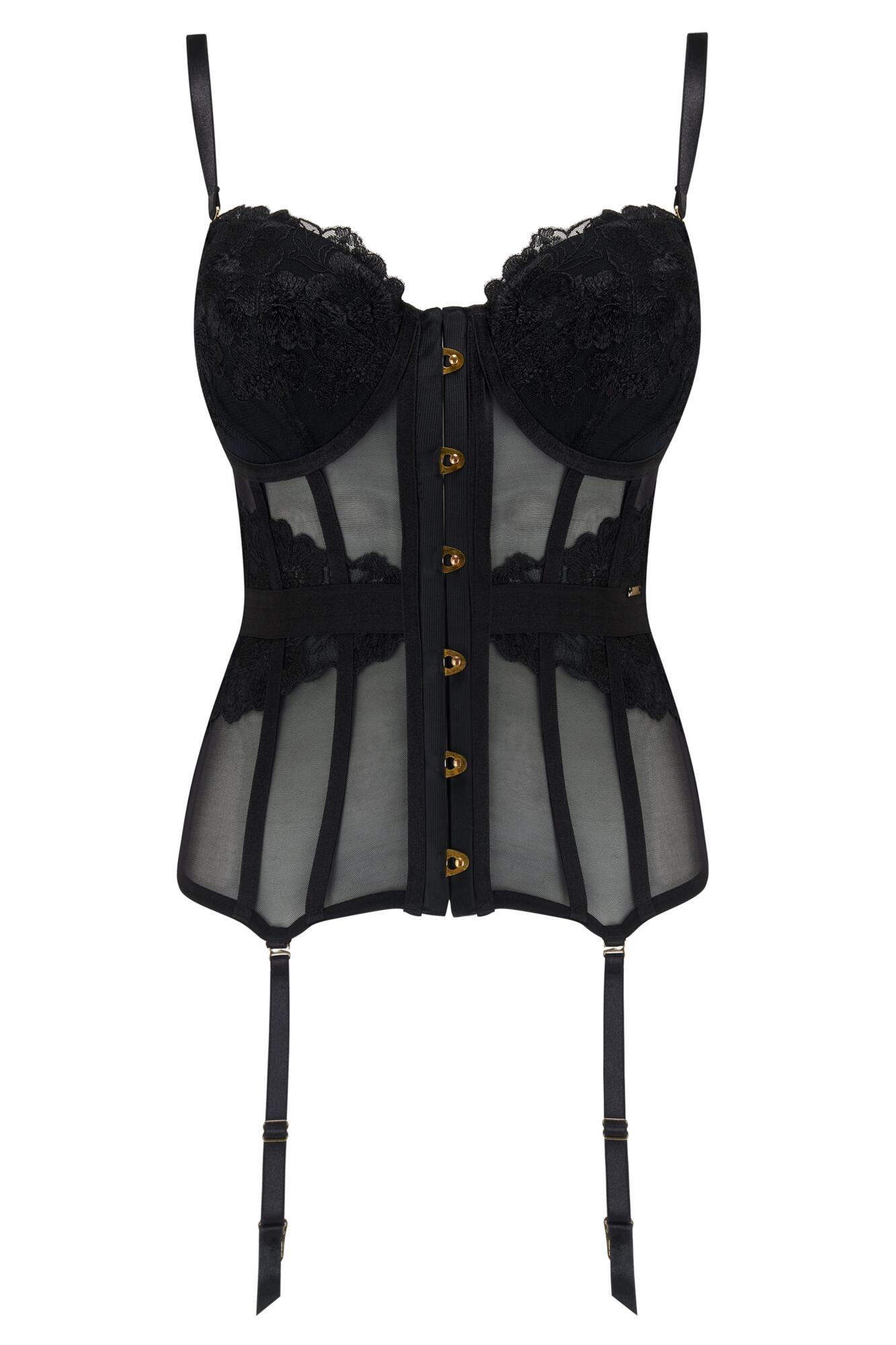 India Bold Embroidery Lightly Padded Basque in Black | Pour Moi Clothing