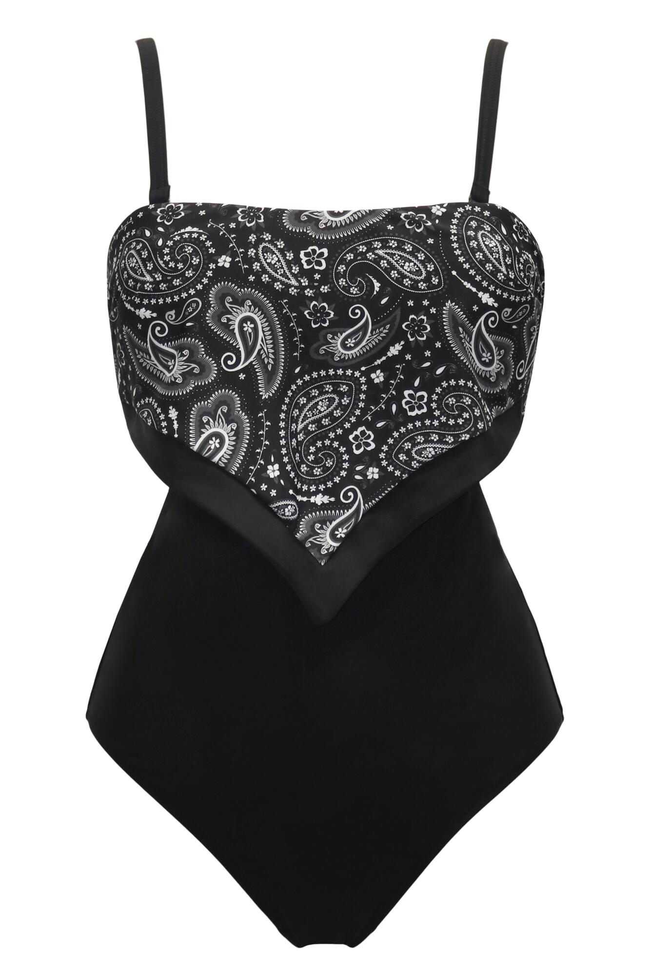 Scarf Strapless Tummy Control Swimsuit in Black Paisley | Pour Moi Clothing