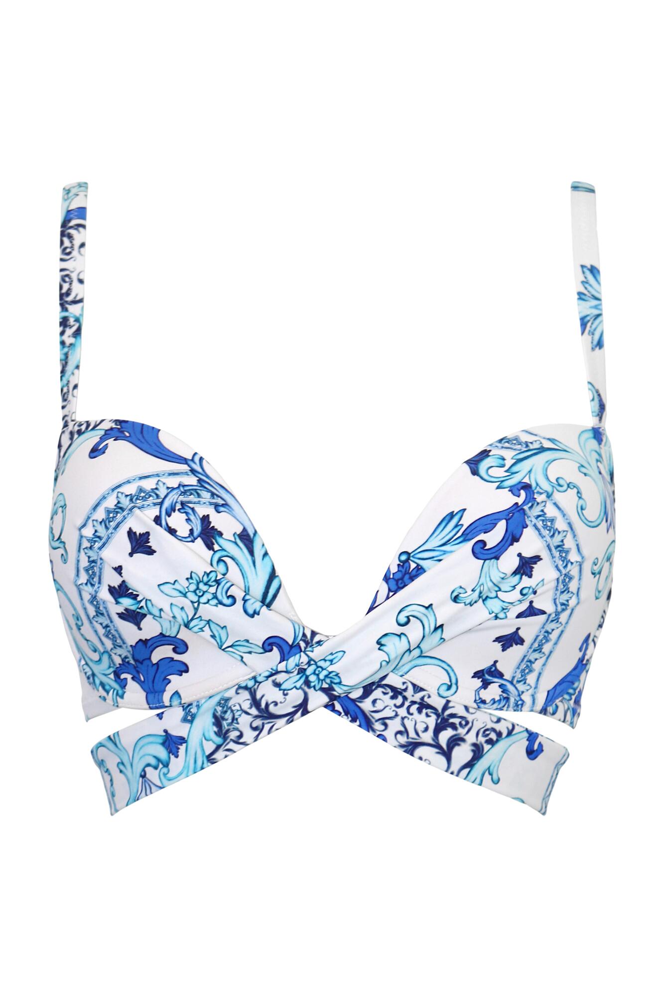 Amalfi Front Fastening Wrap Around Padded Underwired Top in White/Blue ...