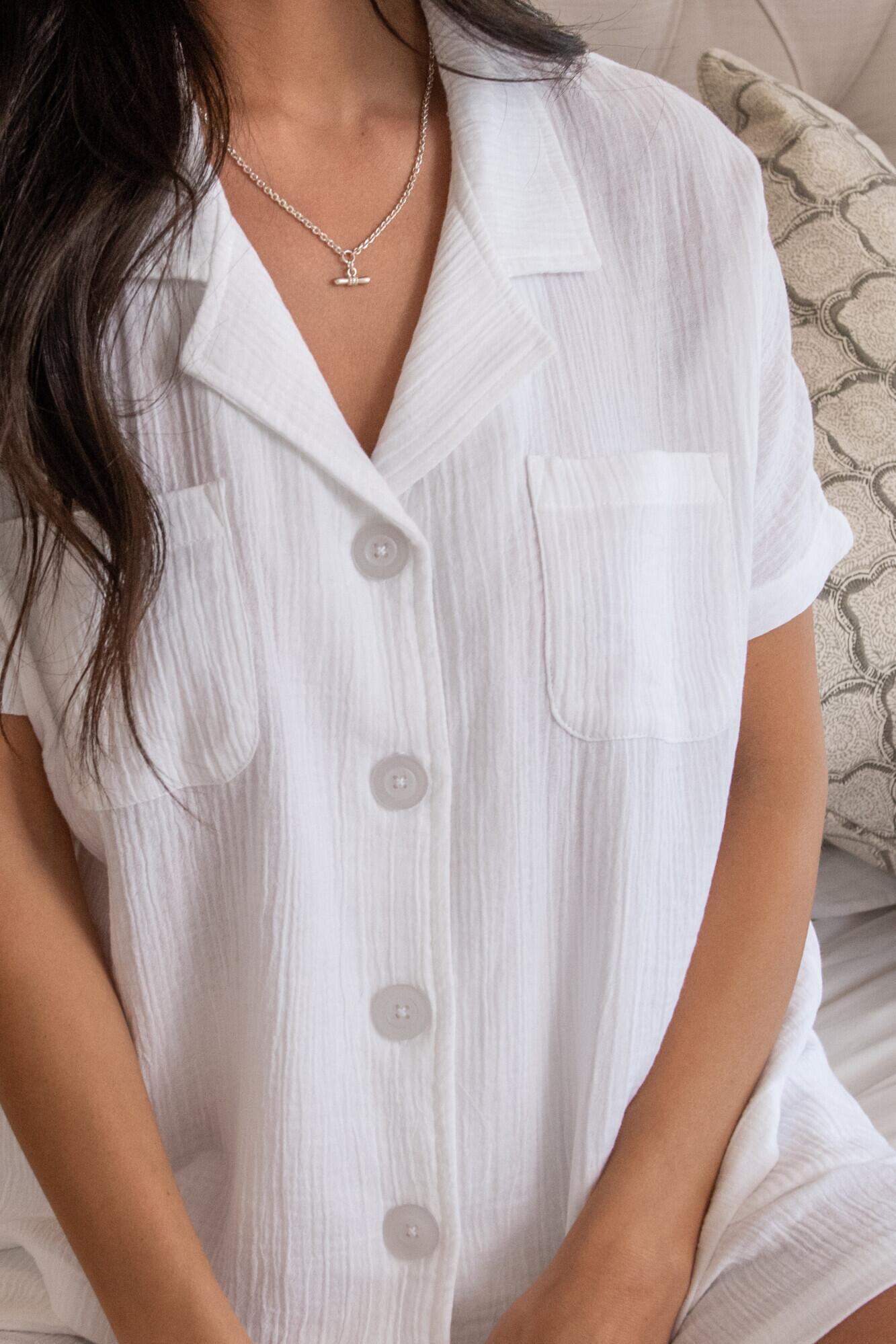 Woven Double Cloth Revere Collar Shirt and Short Set in White | Pour ...