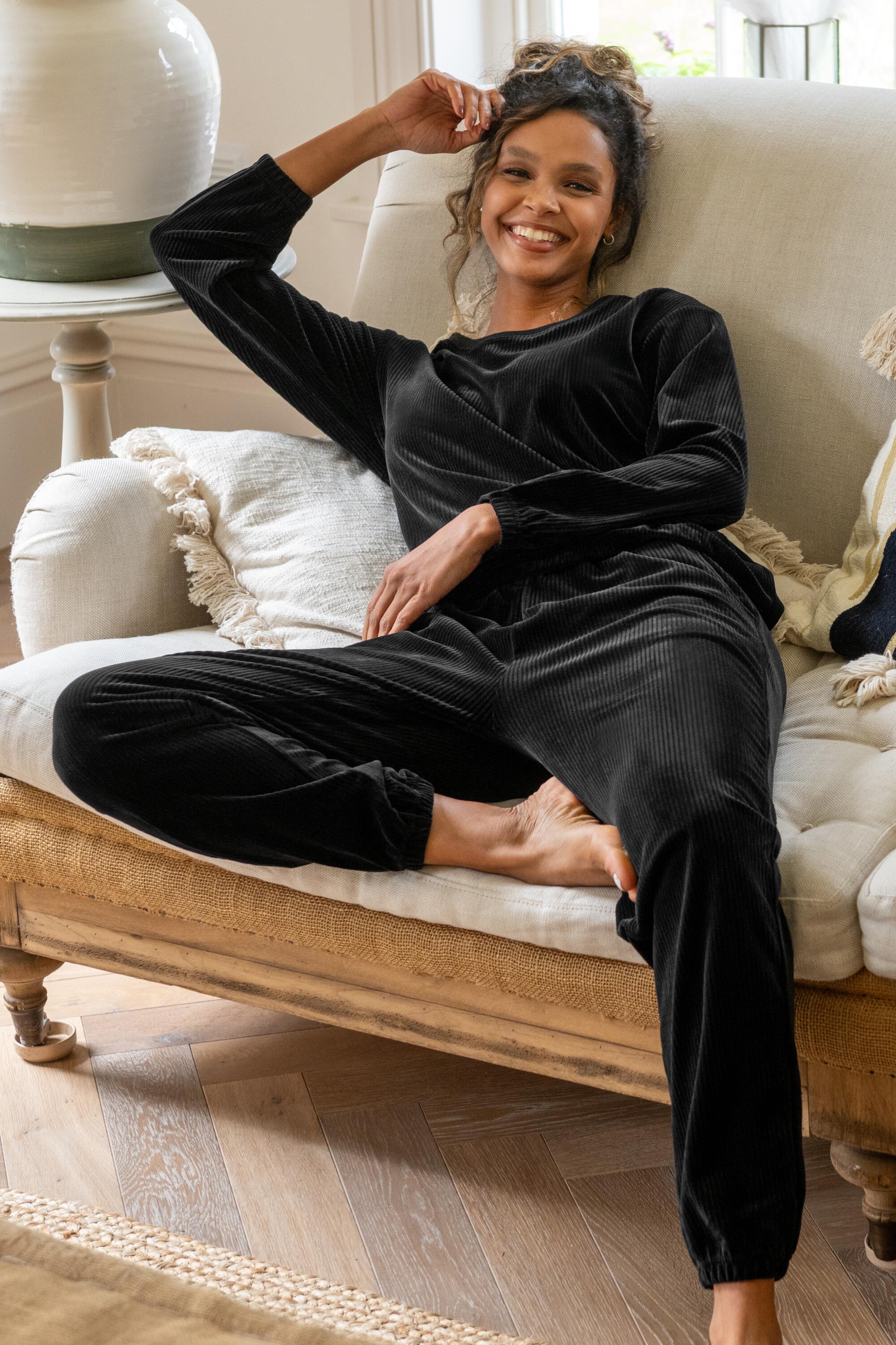 Ribbed Cosy Fleece Lounge Pyjama Set in Black | Pour Moi Clothing