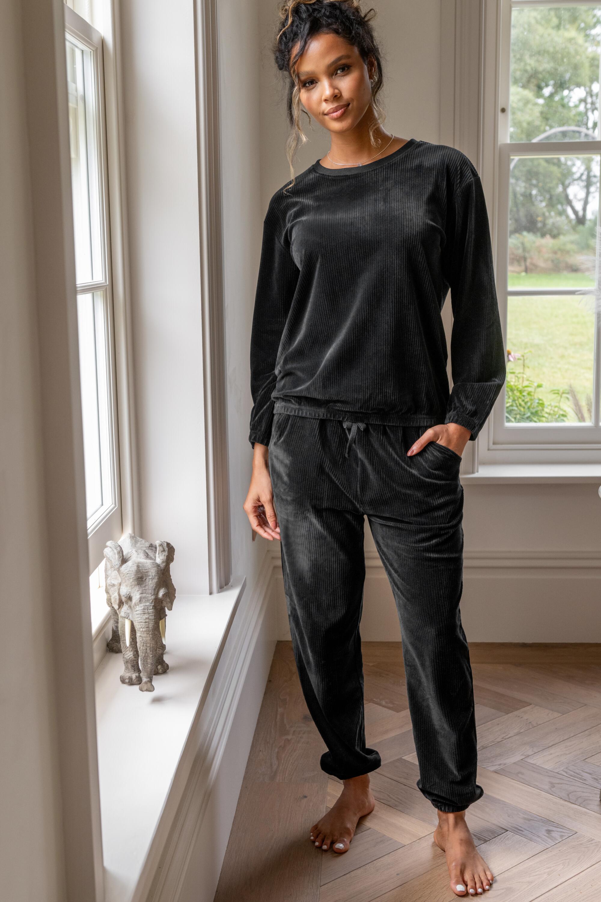 Ribbed Cosy Fleece Lounge Pyjama Set in Black | Pour Moi Clothing