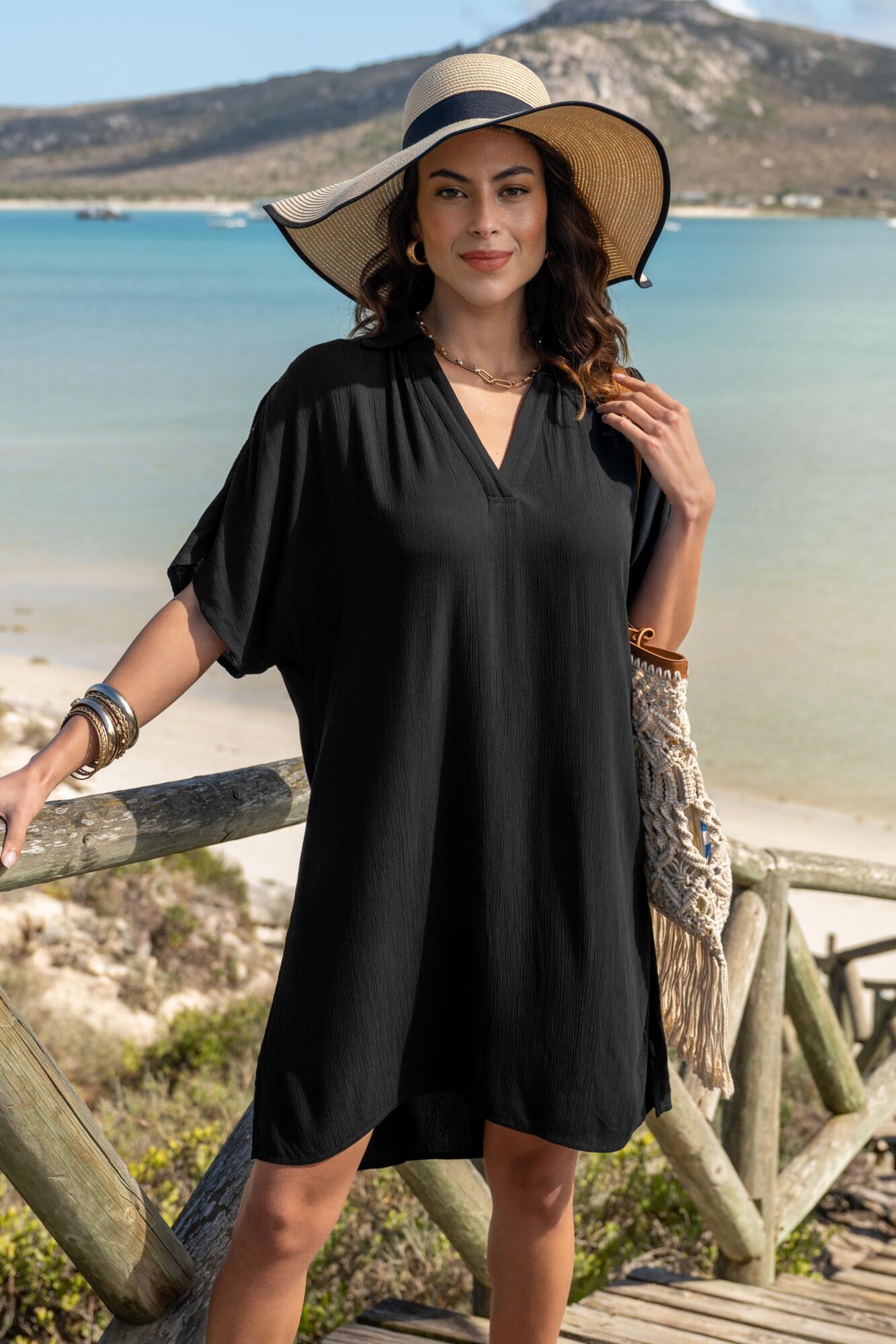 V-Neck Collared Crinkle Woven Beach Kaftan in Black | Pour Moi Clothing