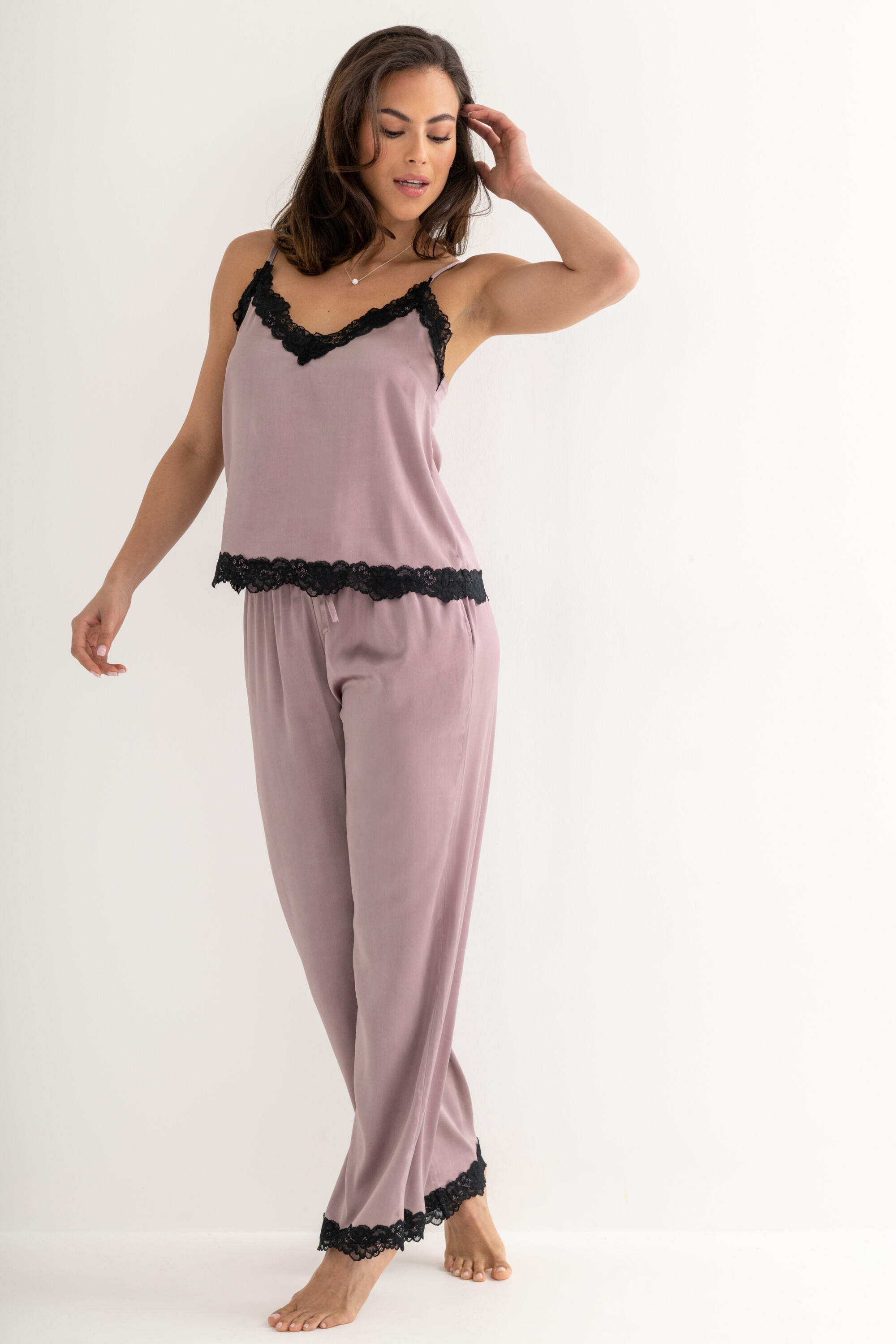 Dusk Satin Cami and Trouser Pyjama Set in Mauve/Black | Pour Moi Clothing