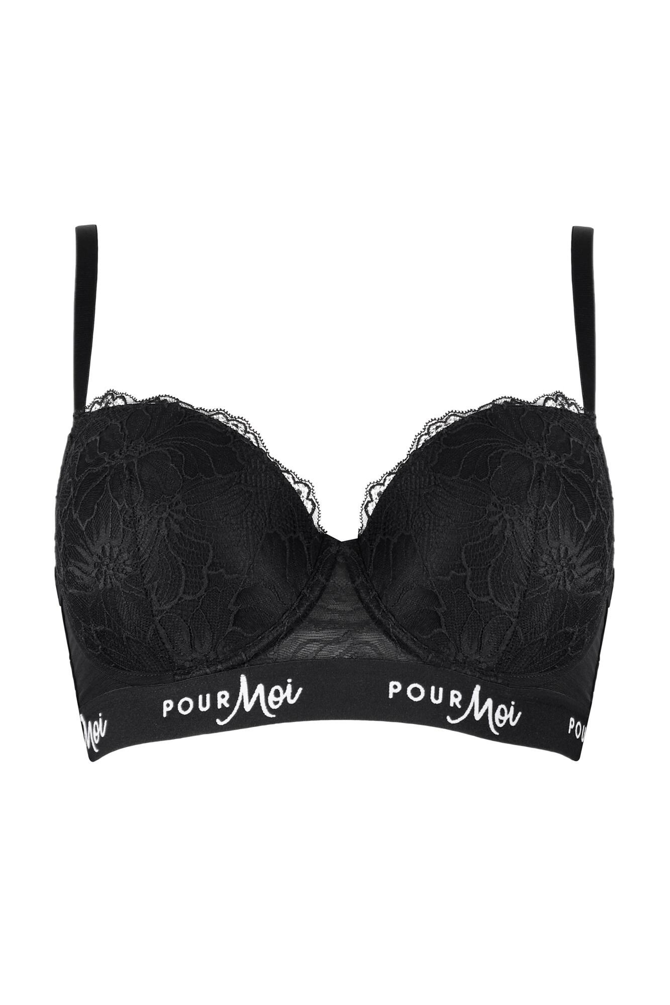 Logo Padded Balconette Push-Up Underwired Bra in Black | Pour Moi Clothing