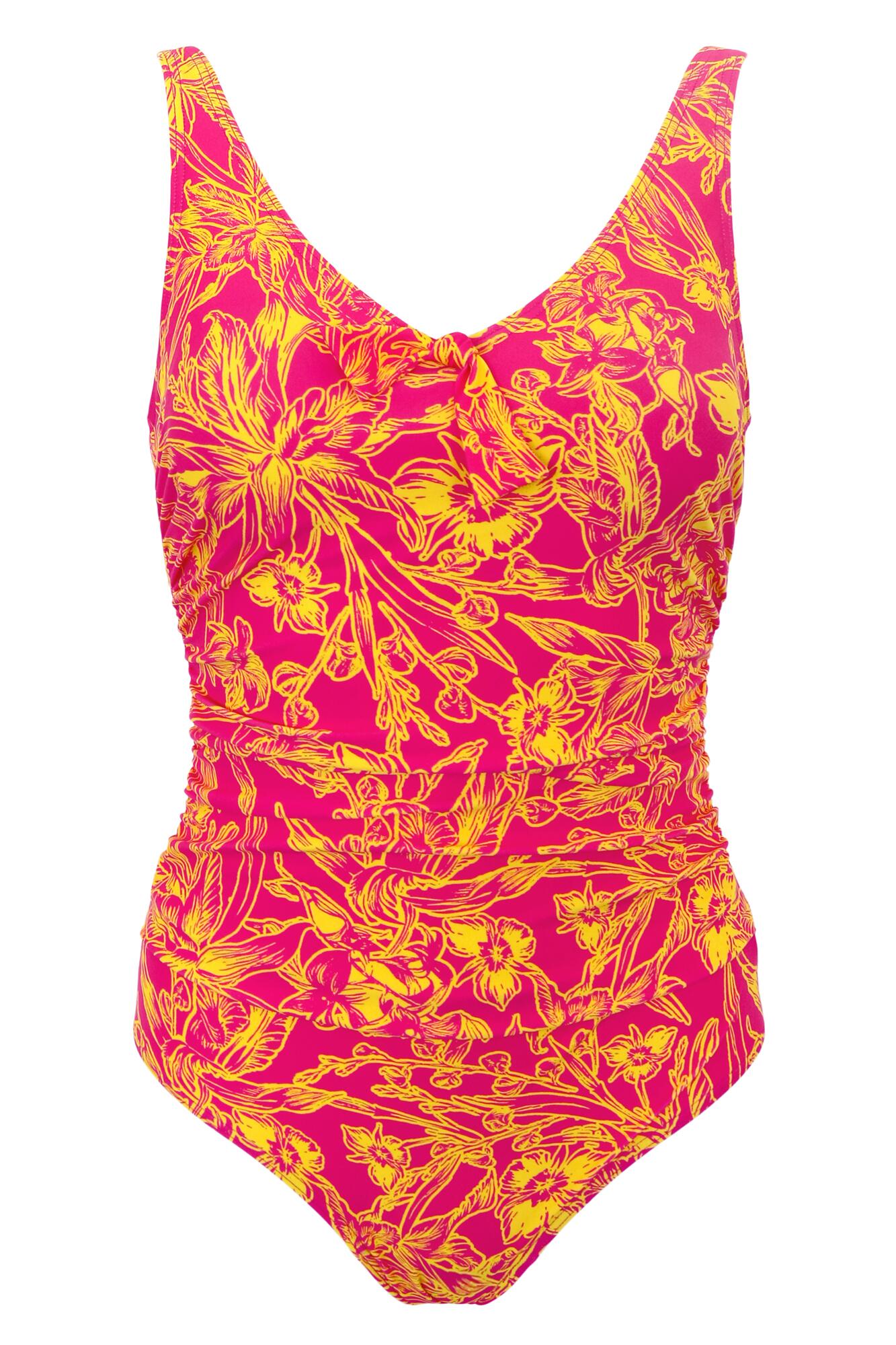 Freedom Scoop Neck Tummy Control Swimsuit in Pink/Yellow | Pour Moi ...