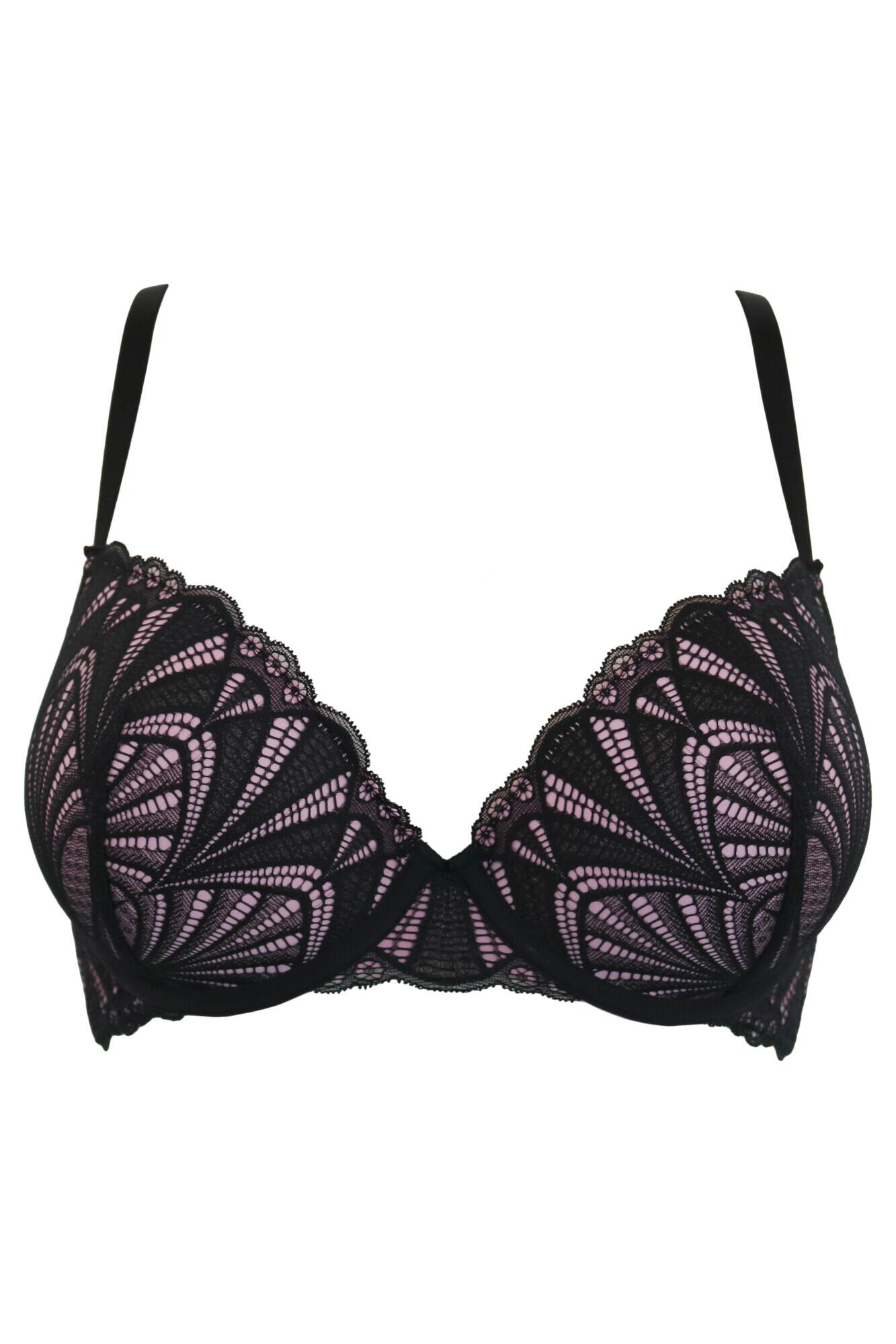 New Romance Padded Push-Up Plunge Bra in Black/Rose | Pour Moi Clothing