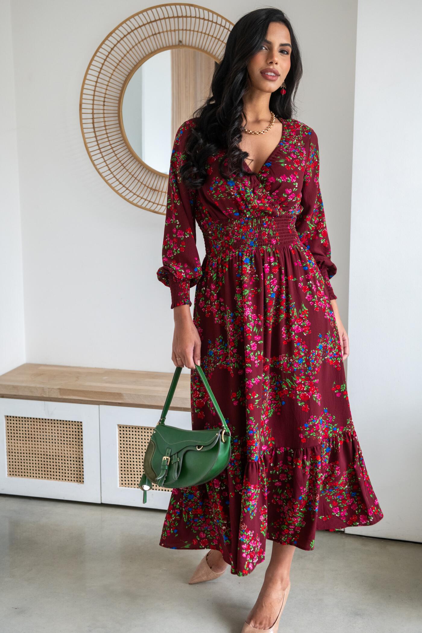 Carmen Fuller Bust Woven Elasticated Neckline Long Sleeve Midaxi Dress ...