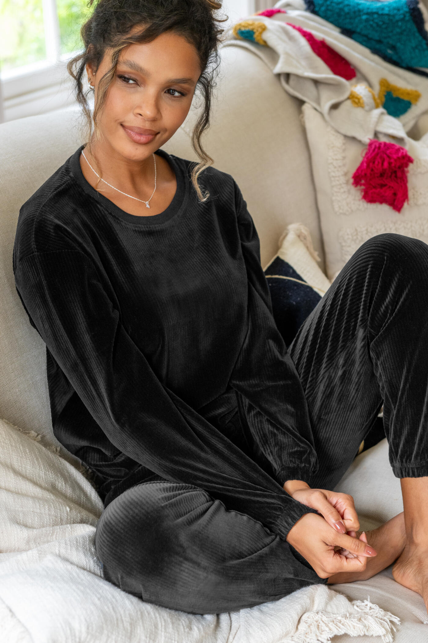Ribbed Cosy Fleece Lounge Pyjama Set in Black | Pour Moi Clothing