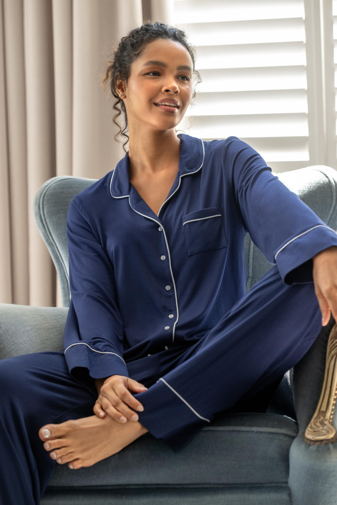 Jersey Button Through Revere Collar Pyjama Set in Navy | Pour Moi Clothing